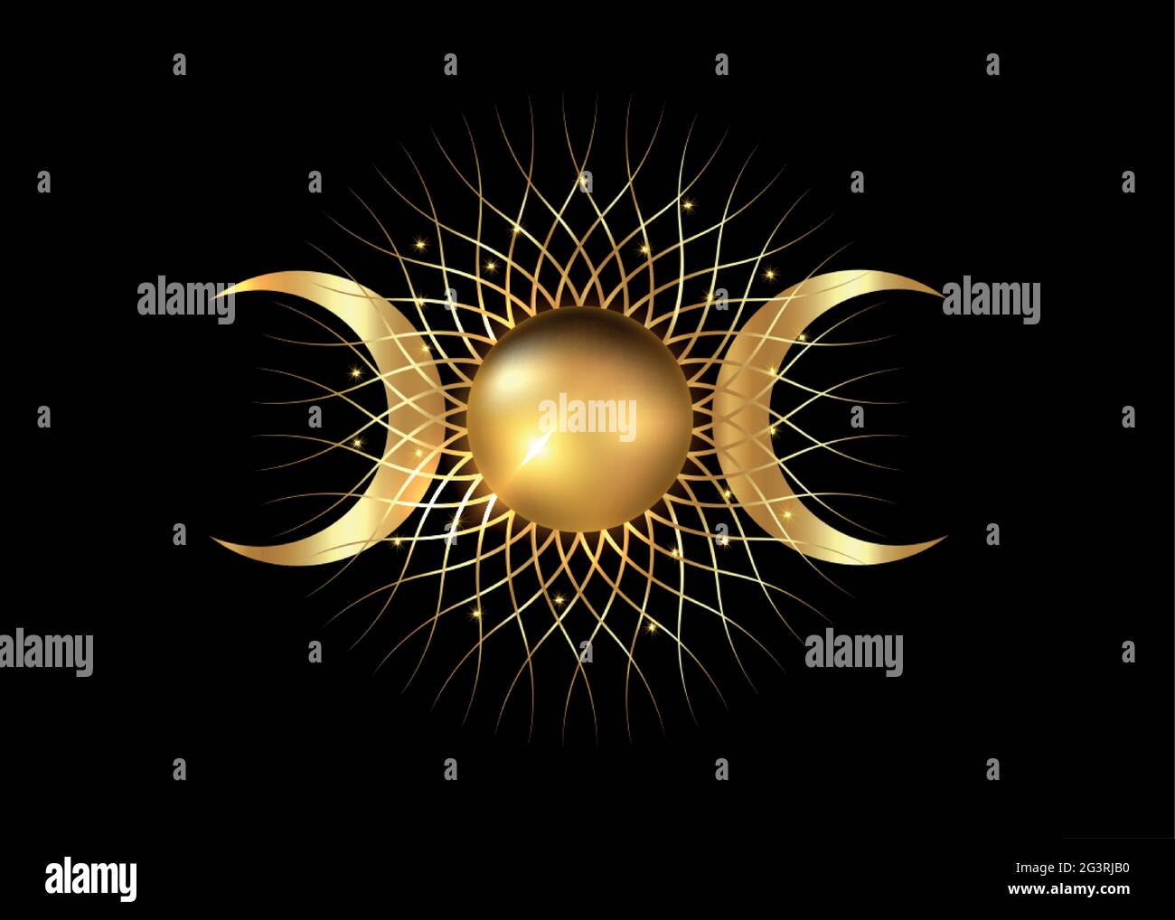 Gold Triple moon mystic icon Sacred Geometry Wicca sign, radial rays ...