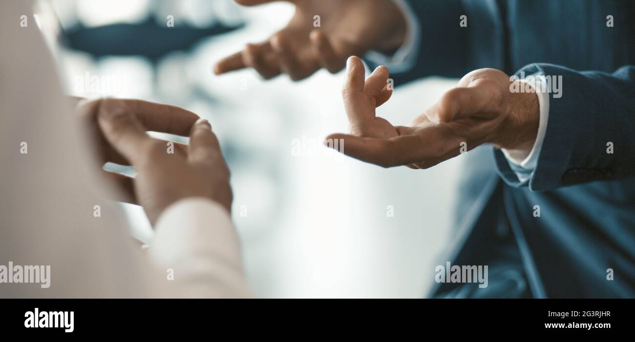 Human hands of office staff. Gestures of communication. Close up shot ...