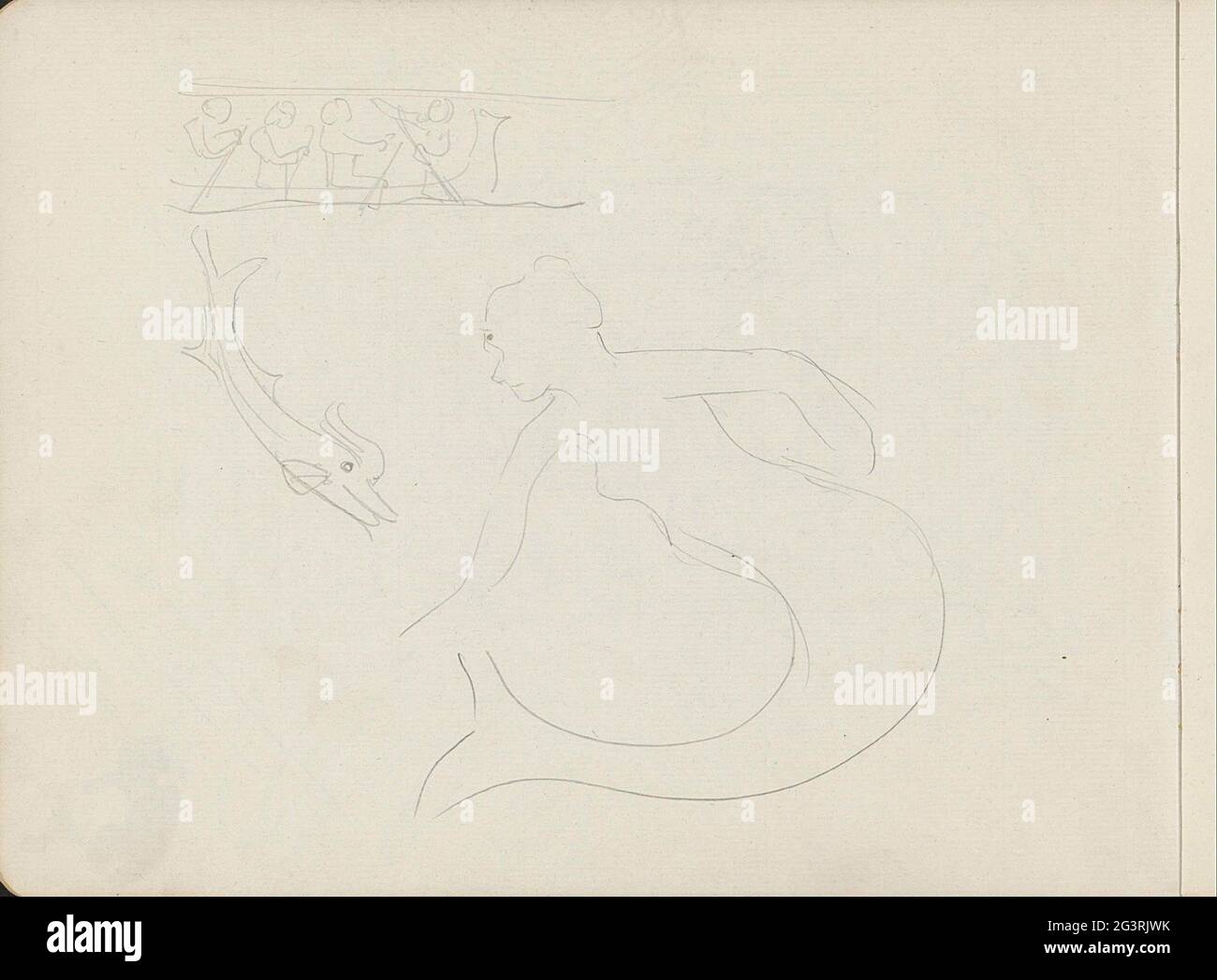 Figures in a rowing boat, a fish and a mermaid. Leaf 6 Verso from a ...