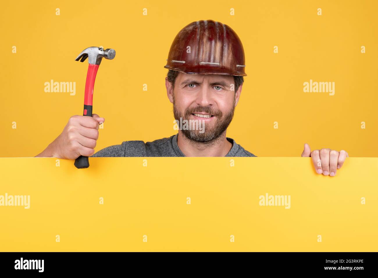 laborer advertising. announcement. happy labour day. smiling man in ...