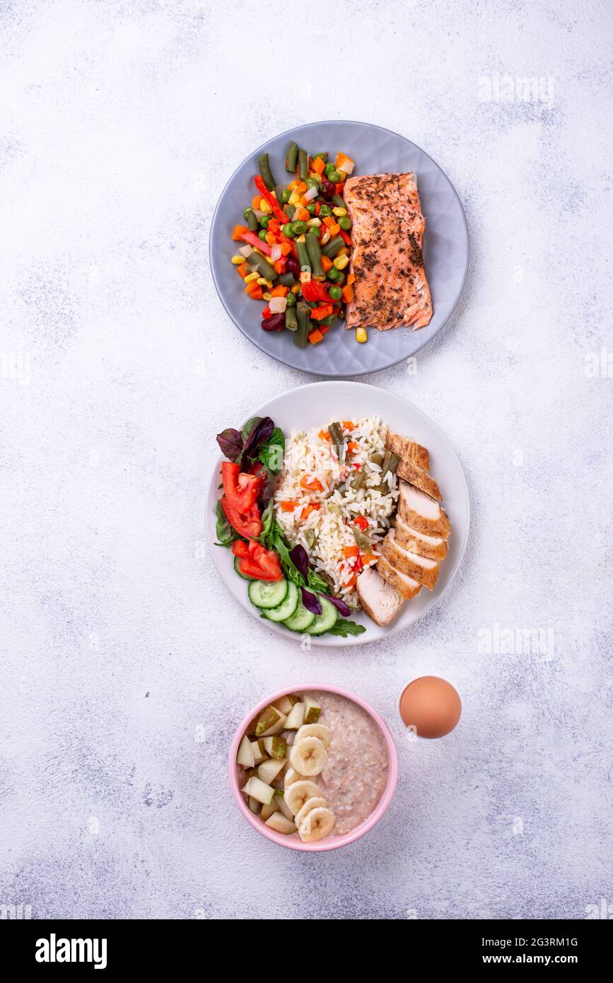 Breakfast, lunch and dinner. Day menu Stock Photo - Alamy