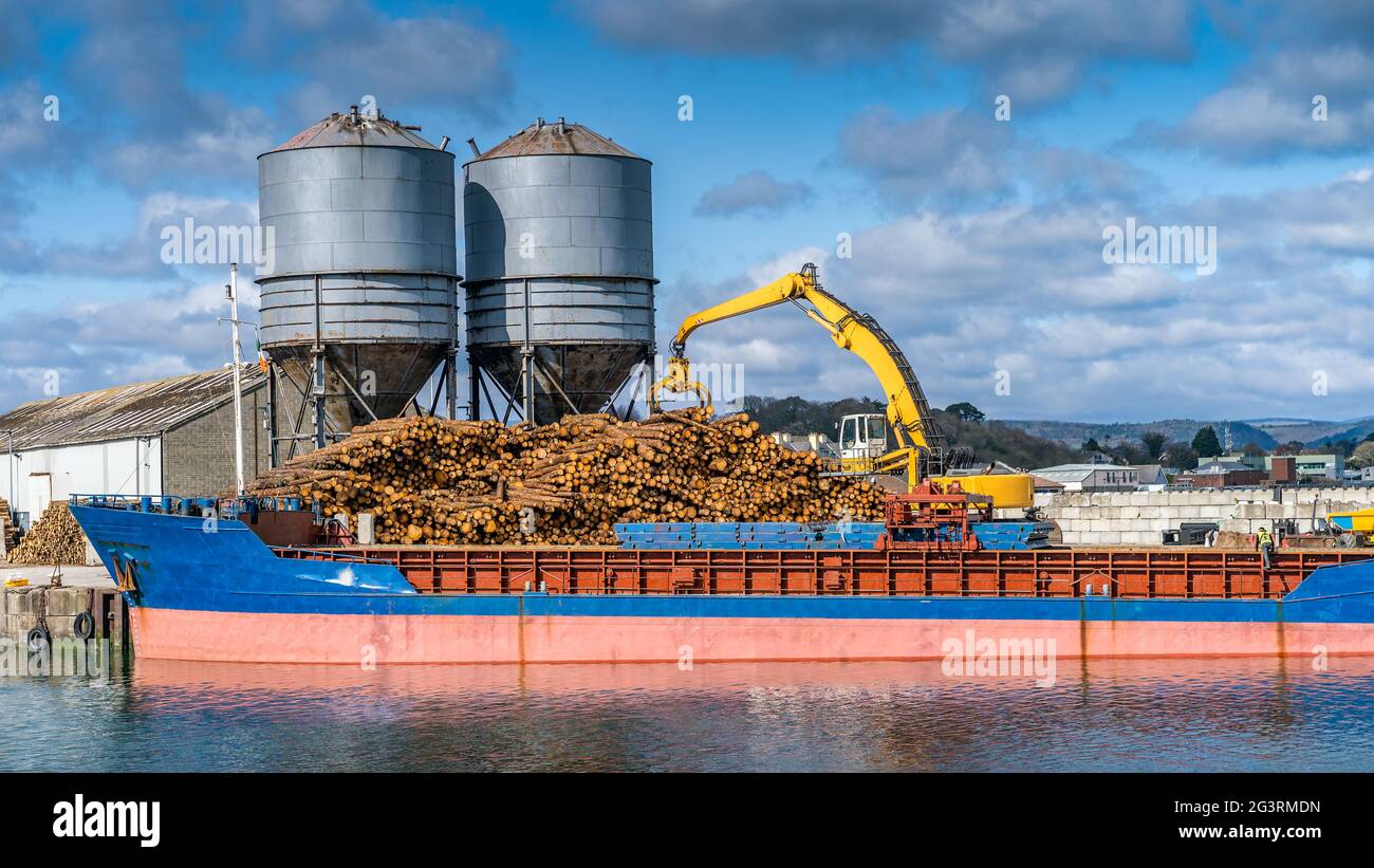 Crane with wood logs gripple loading timber on cargo ship Stock Photo ...
