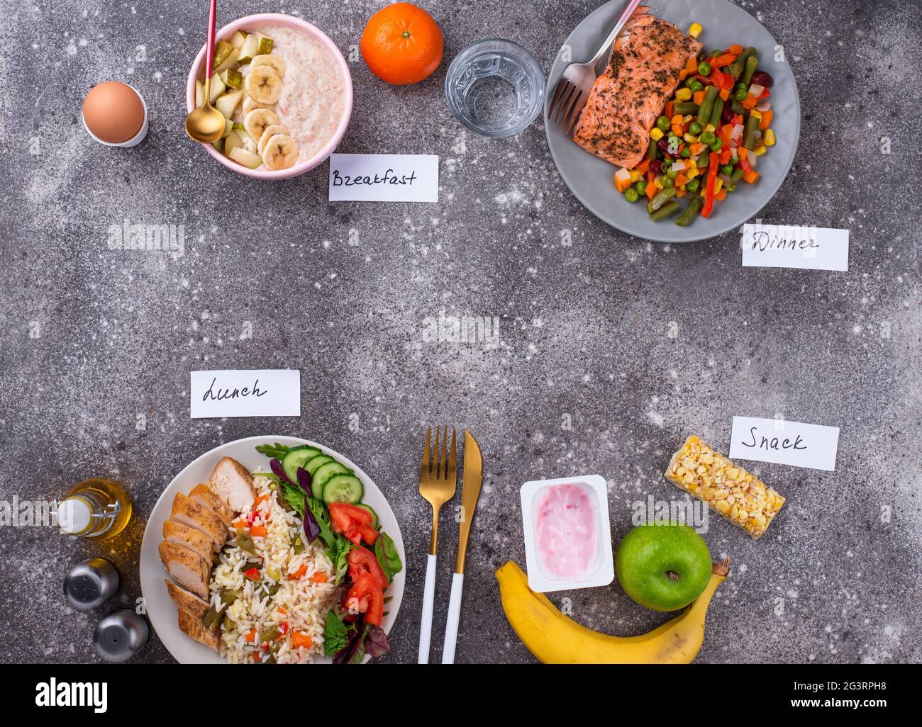 Breakfast, lunch and dinner. Balanced menu Stock Photo - Alamy
