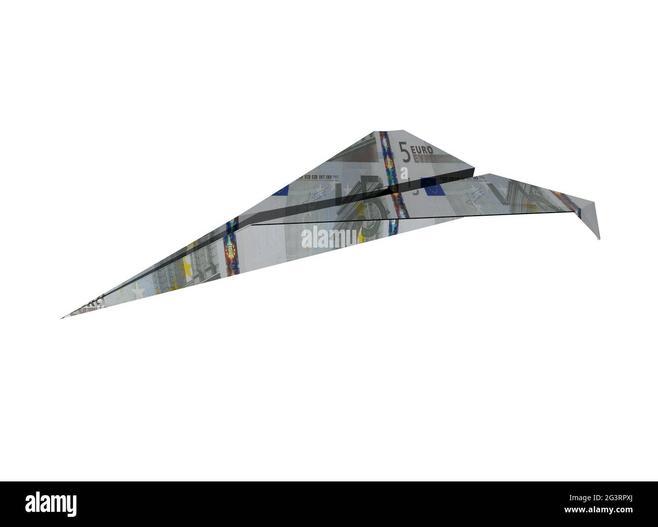 5 euro banknote folded like an airplane isolated on a white background ...