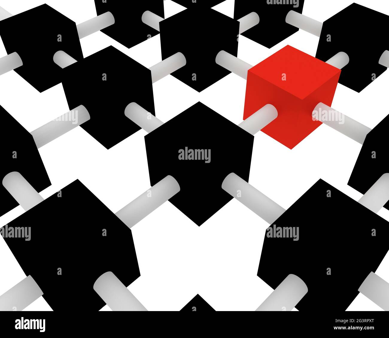 3D rendering of black interconnected cubes with one highlighted red cube on a white background ...