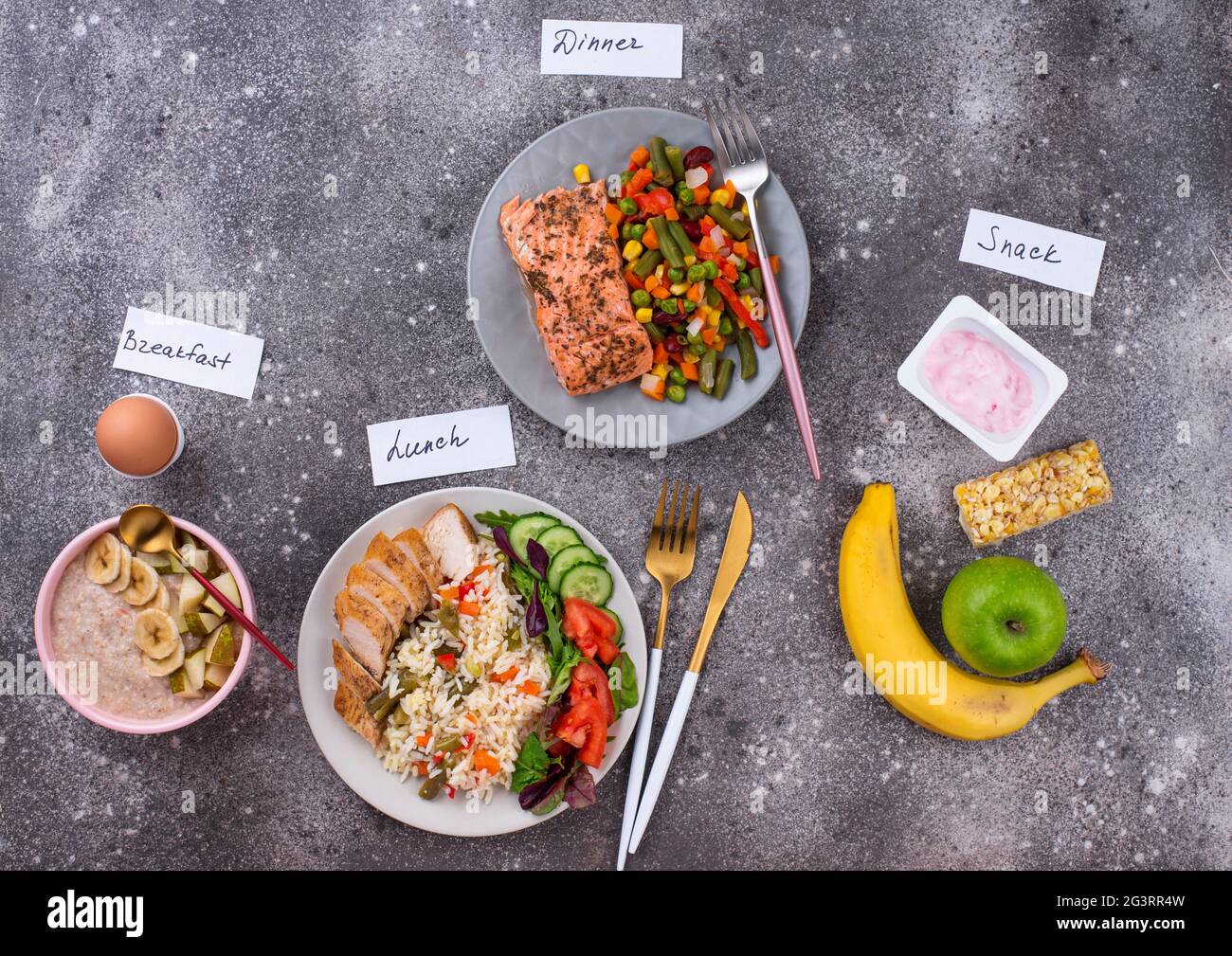 Healthy balanced menu for day Stock Photo - Alamy