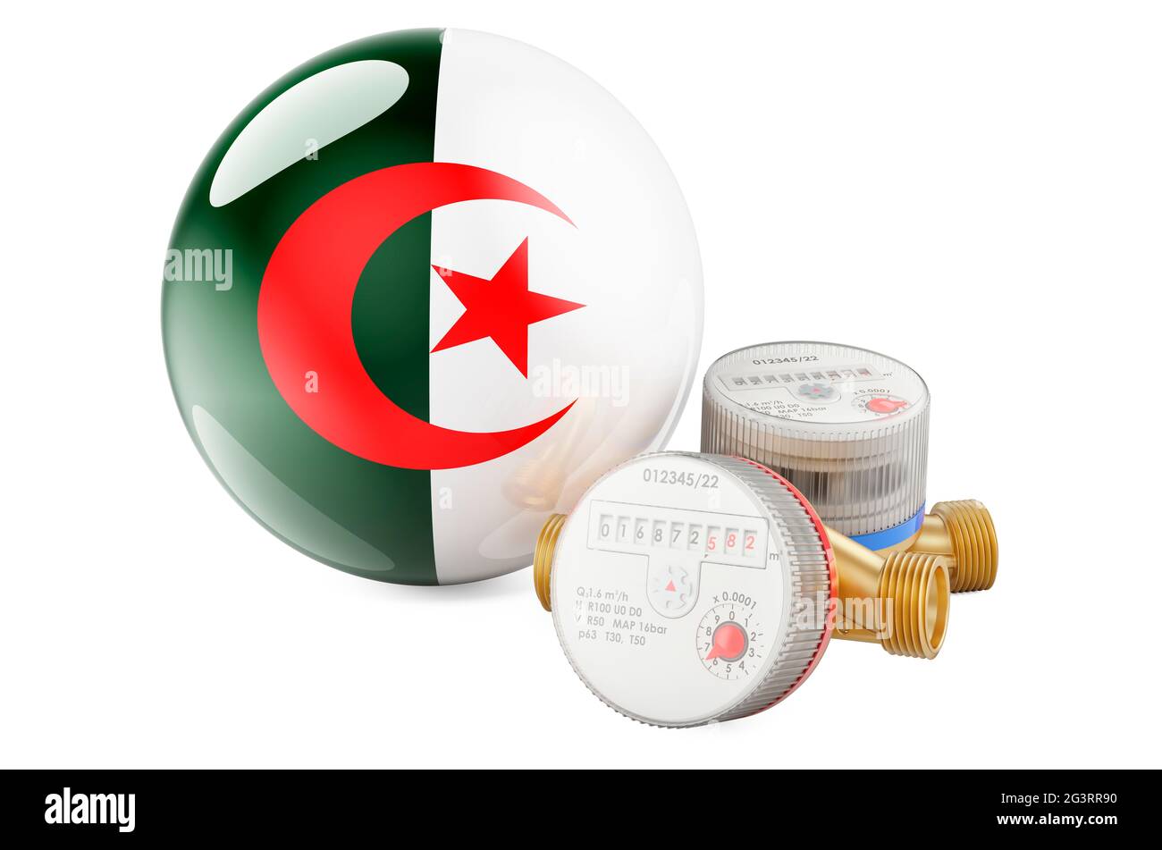 Water consumption in Algeria. Water meters with Algerian flag. 3D ...
