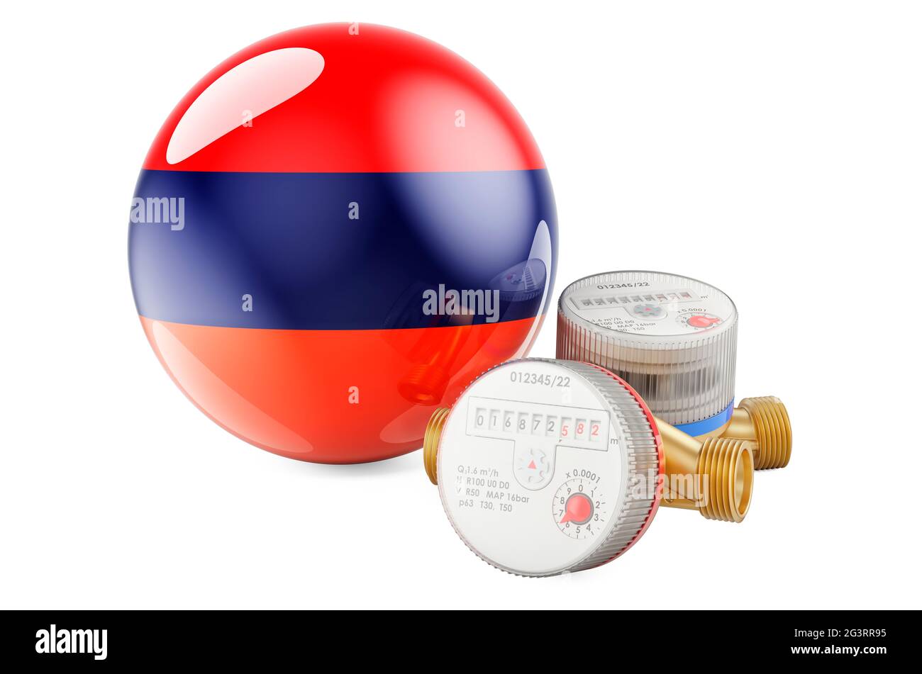 Water consumption in Armenia. Water meters with Armenian flag. 3D ...