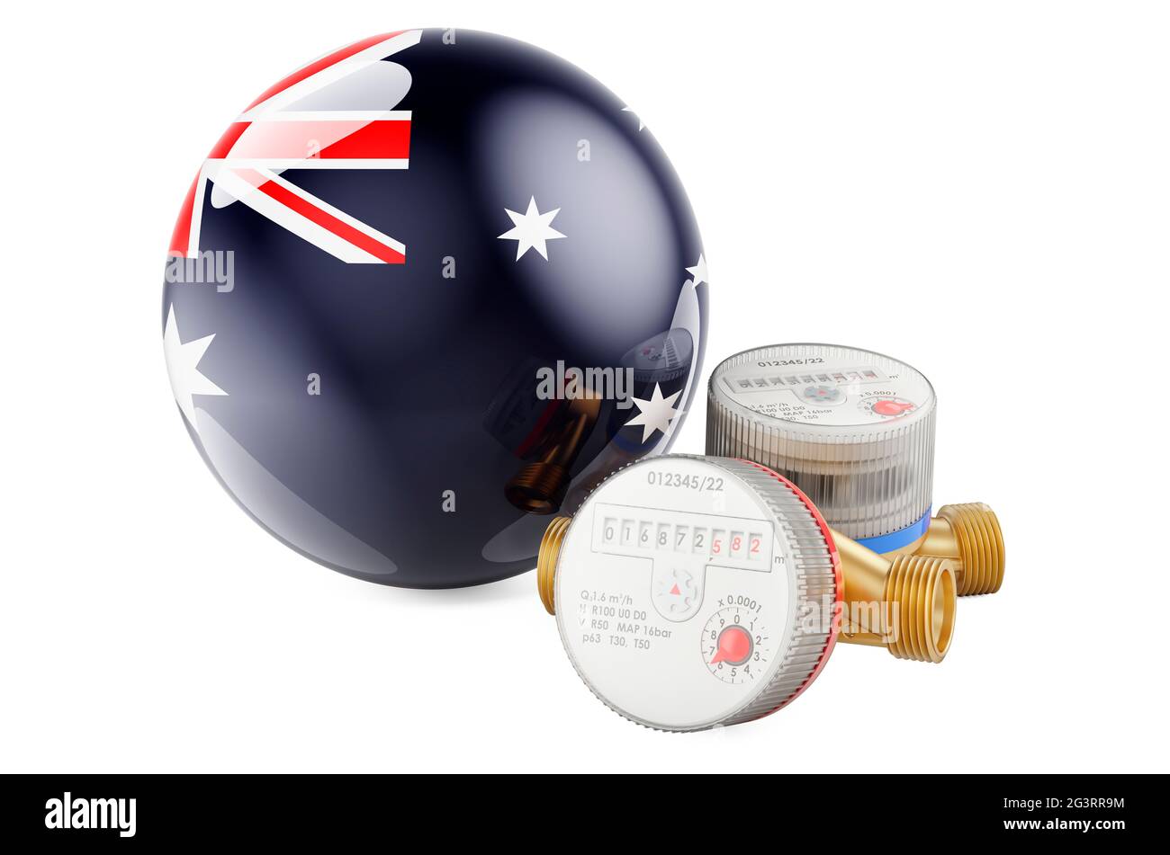 Water consumption in Australia. Water meters with Australian flag. 3D ...