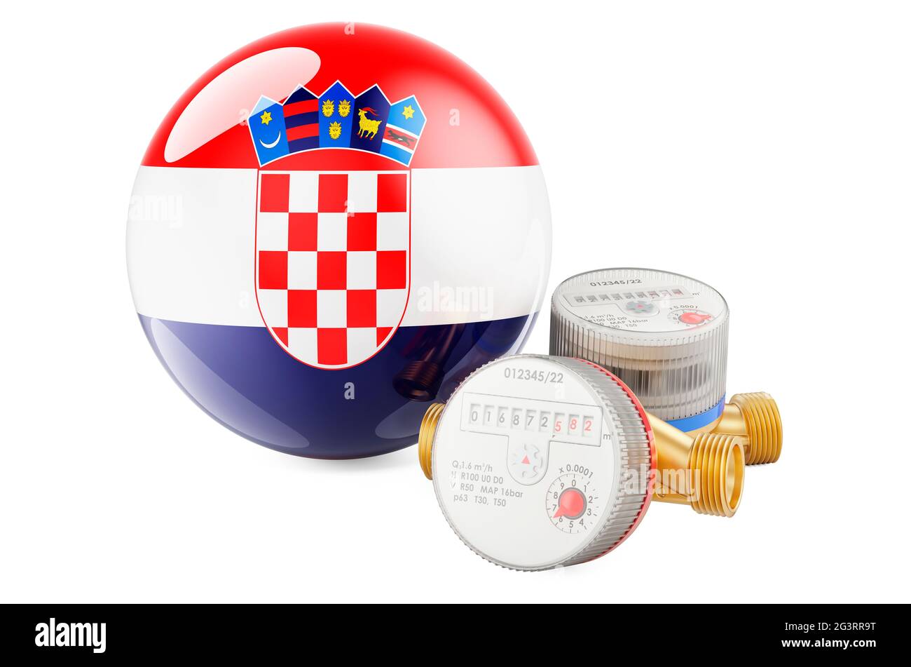 Water consumption in Croatia. Water meters with Croatian flag. 3D ...