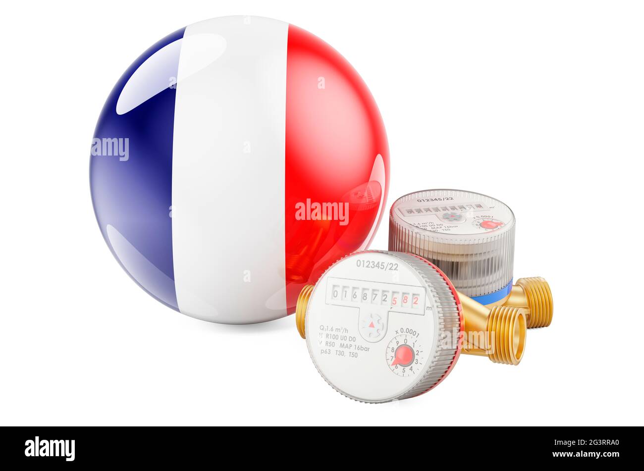 Water consumption in France. Water meters with French flag. 3D ...