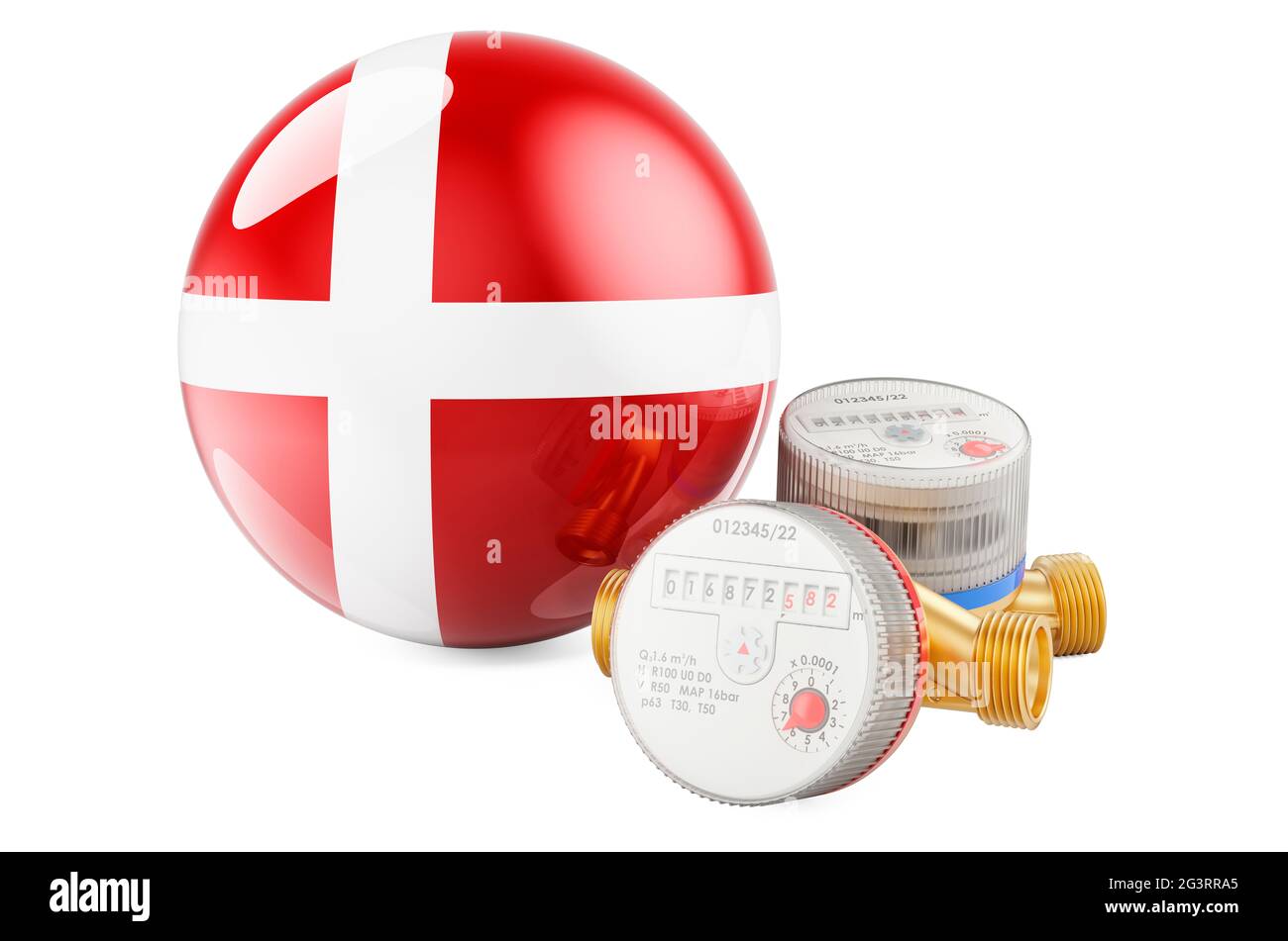 Water consumption in Denmark. Water meters with Danish flag. 3D ...