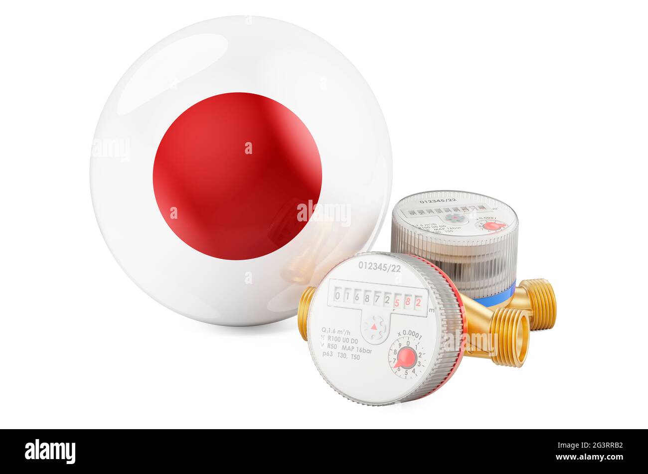 Water consumption in Japan. Water meters with Japanese flag. 3D ...