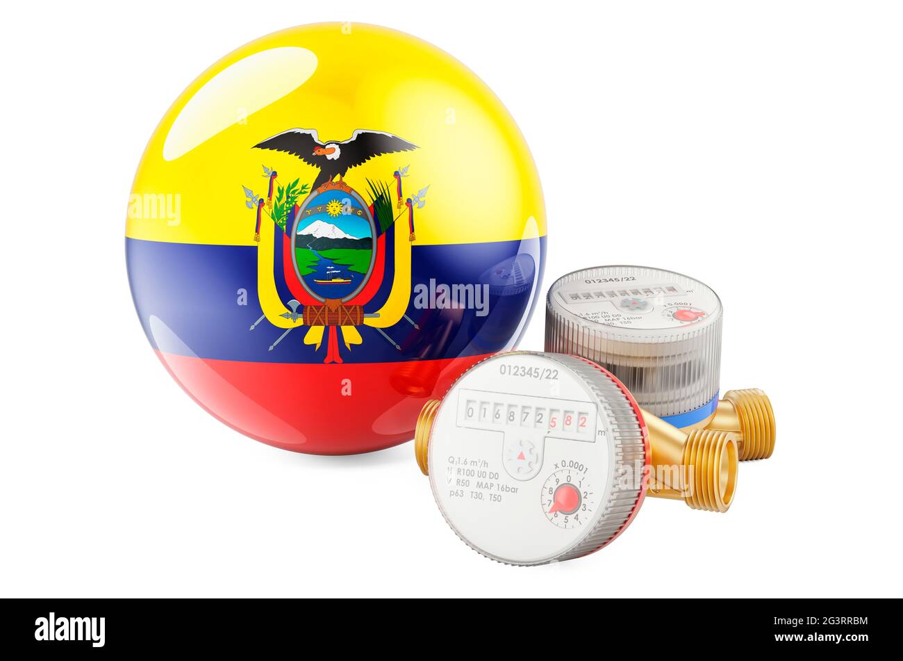 Water consumption in Ecuador. Water meters with Ecuadorian flag. 3D ...