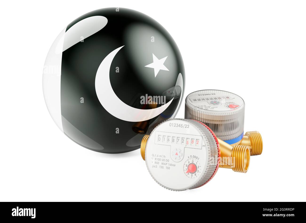 Water consumption in Pakistan. Water meters with Pakistani flag. 3D ...