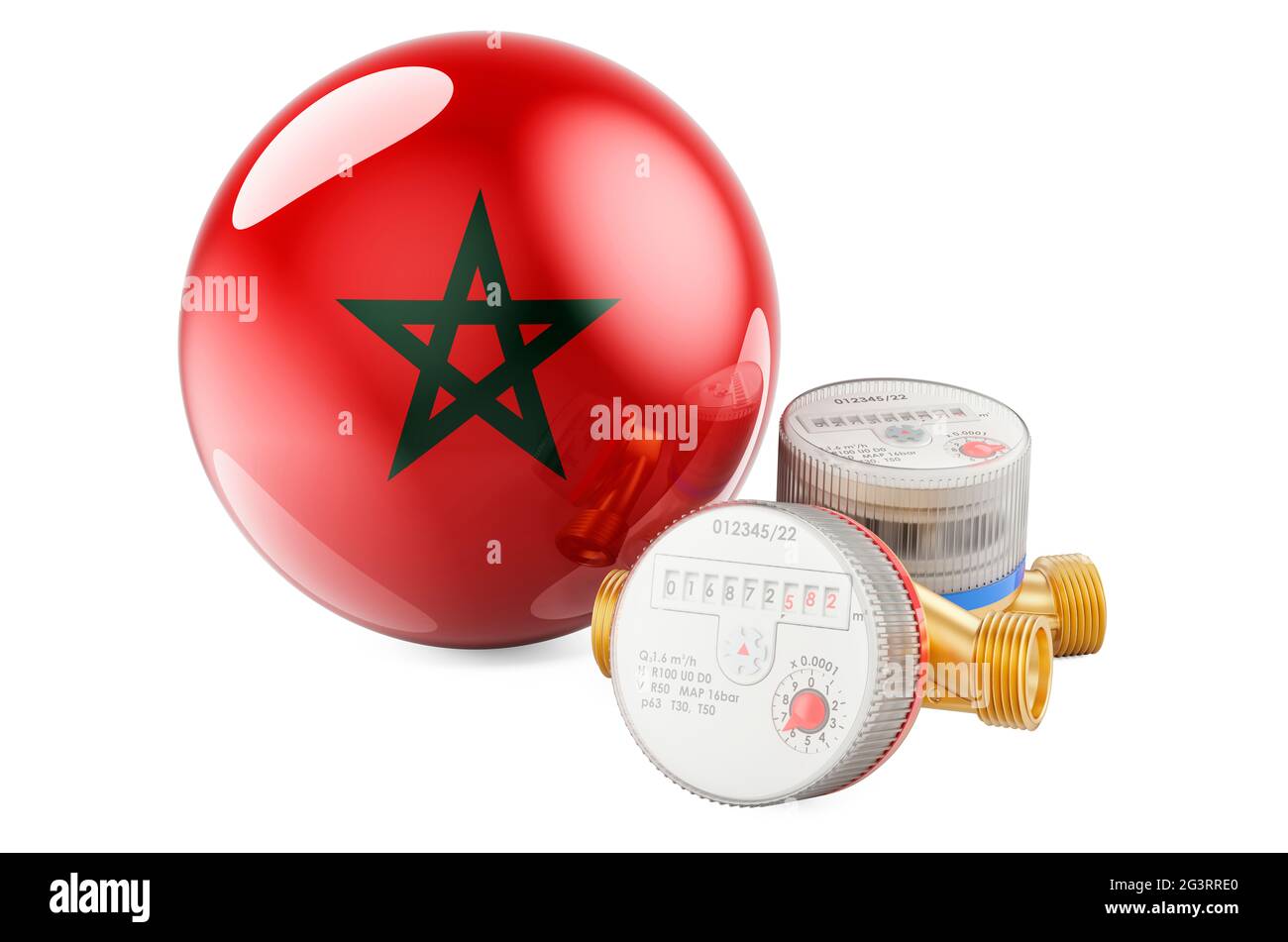 Water consumption in Morocco. Water meters with Moroccan flag. 3D ...