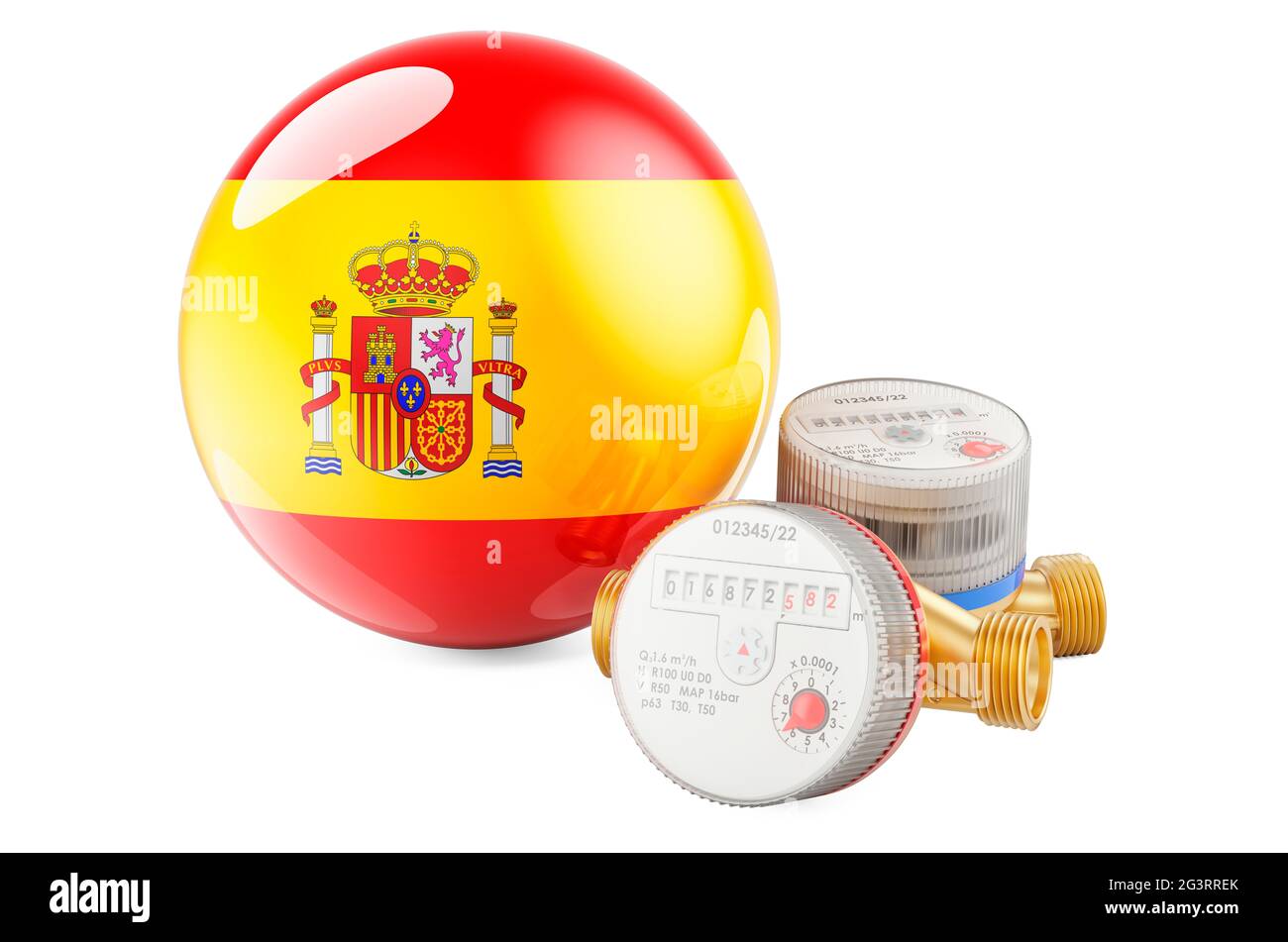 Water consumption in Spain. Water meters with Spanish flag. 3D ...