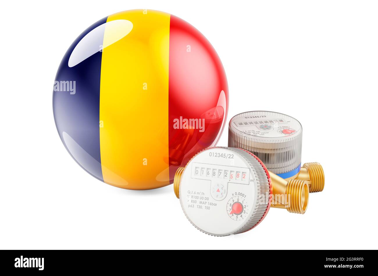 Water consumption in Romania. Water meters with Romanian flag. 3D ...