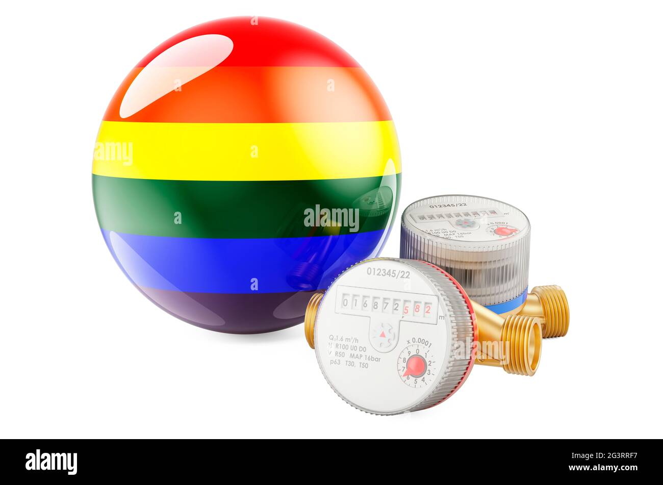 Water meters with LGBT rainbow flag. 3D rendering isolated on white ...