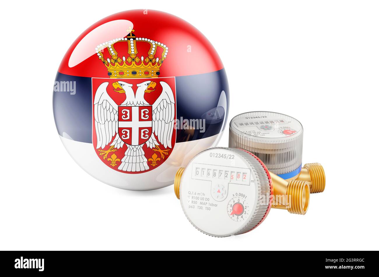 Water consumption in Serbia. Water meters with Serbian flag. 3D ...