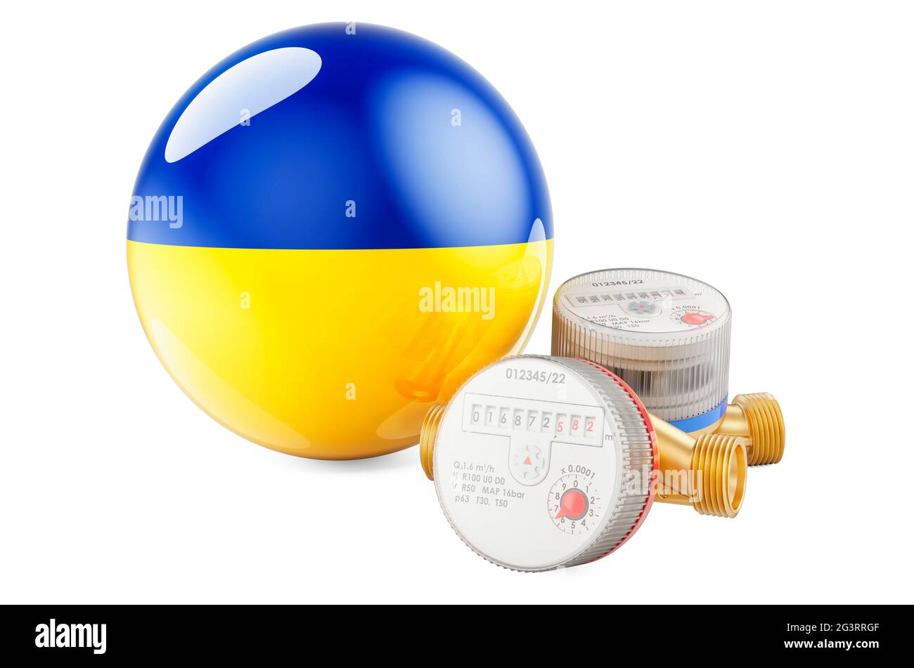 Water consumption in Ukraine. Water meters with Ukrainian flag. 3D ...