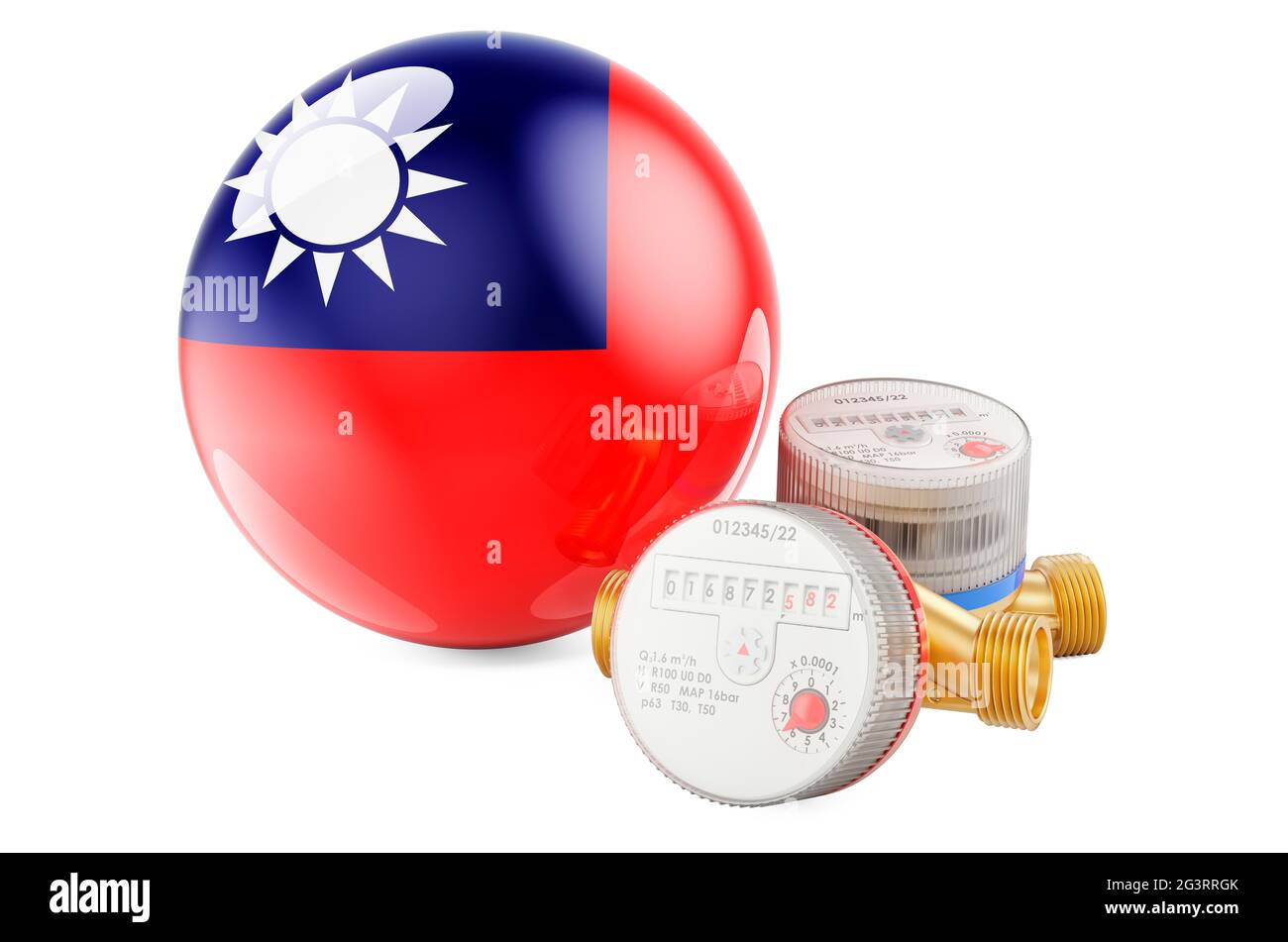 Water consumption in Taiwan. Water meters with Taiwanese flag. 3D ...