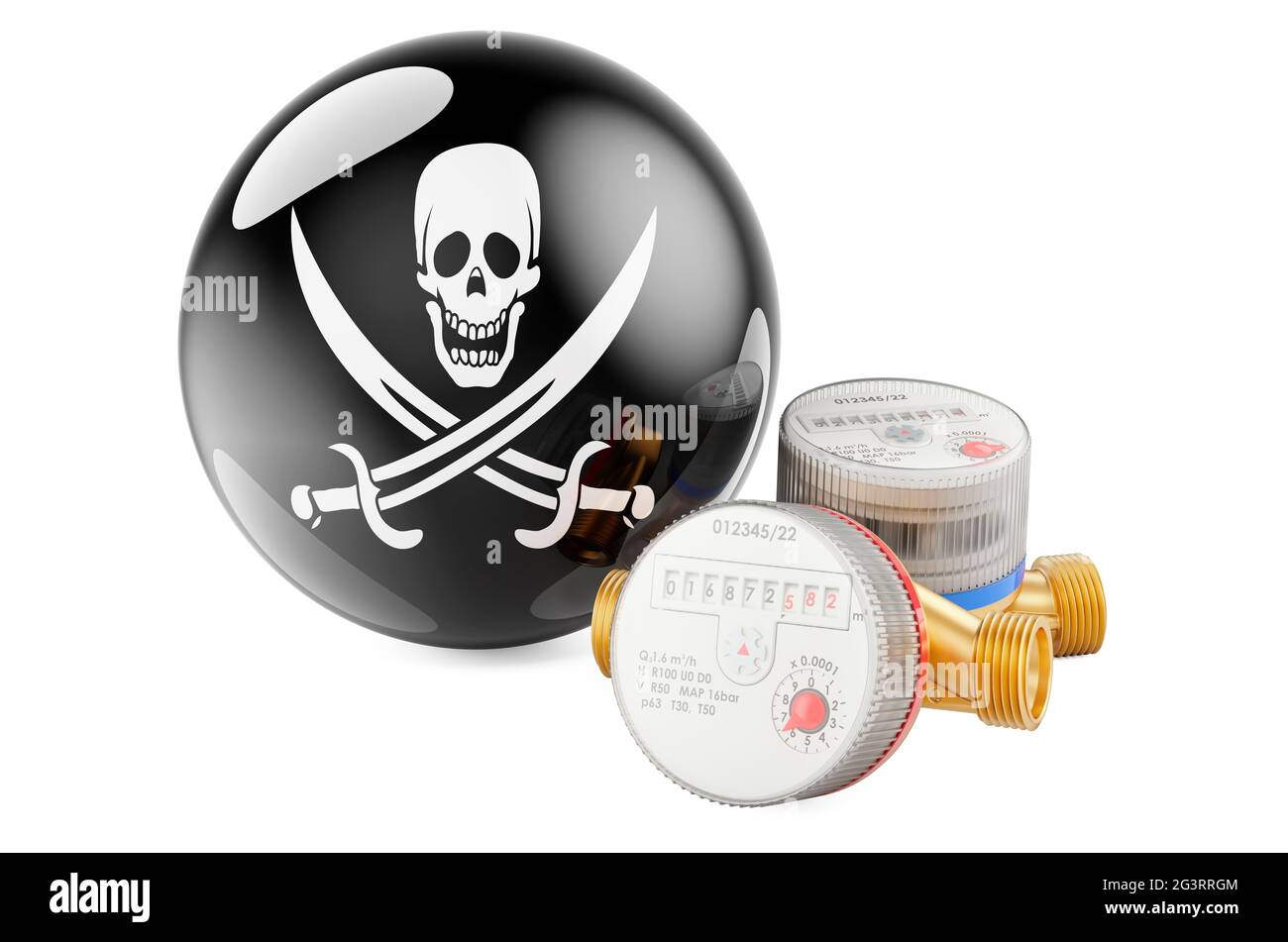 Water meters with pirate flag. 3D rendering isolated on white ...
