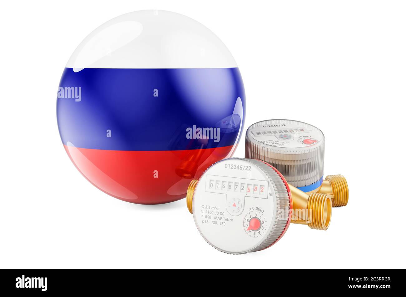 Water consumption in Russia. Water meters with Russian flag. 3D ...