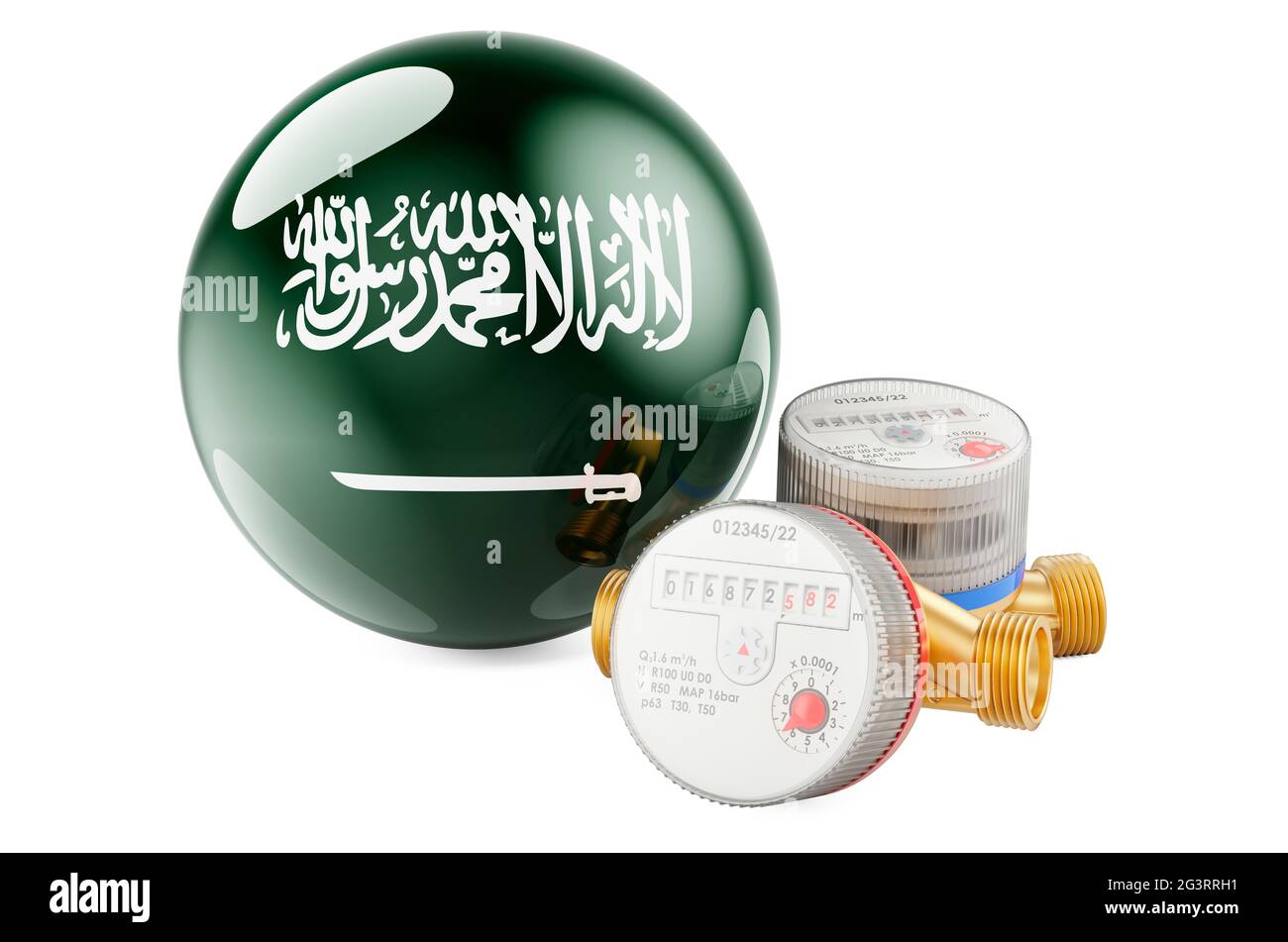 Water consumption in Saudi Arabia. Water meters with Saudi Arabian flag ...