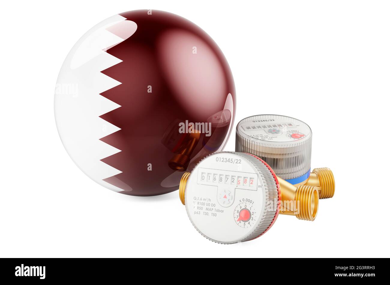 Water consumption in Qatar. Water meters with Qatari flag. 3D rendering ...