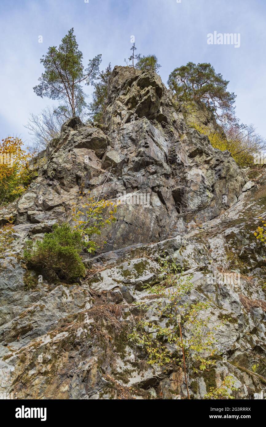 Bizarre rocks of quartz keratophyr at the Steinach Gorge Stock Photo ...