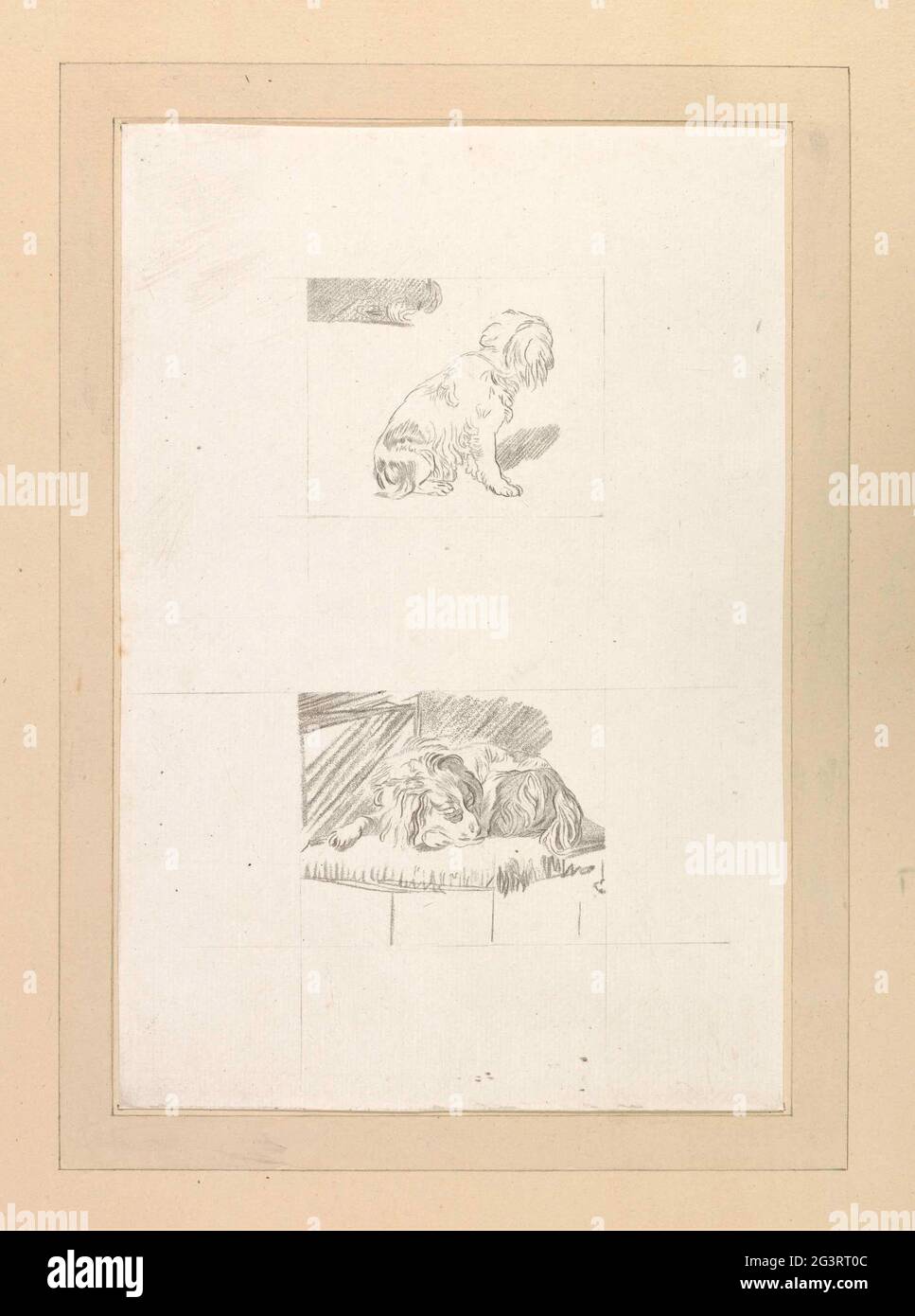Seated and lying dog. Two performances on a leaf. Above a seated dog ...