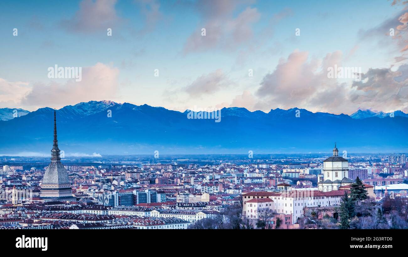 Turin panoramic skyline at sunset with Alps in background Stock Photo ...