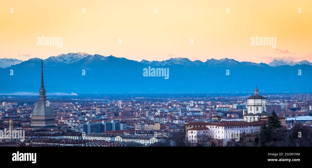 Turin panoramic skyline at sunset with Alps in background Stock Photo ...
