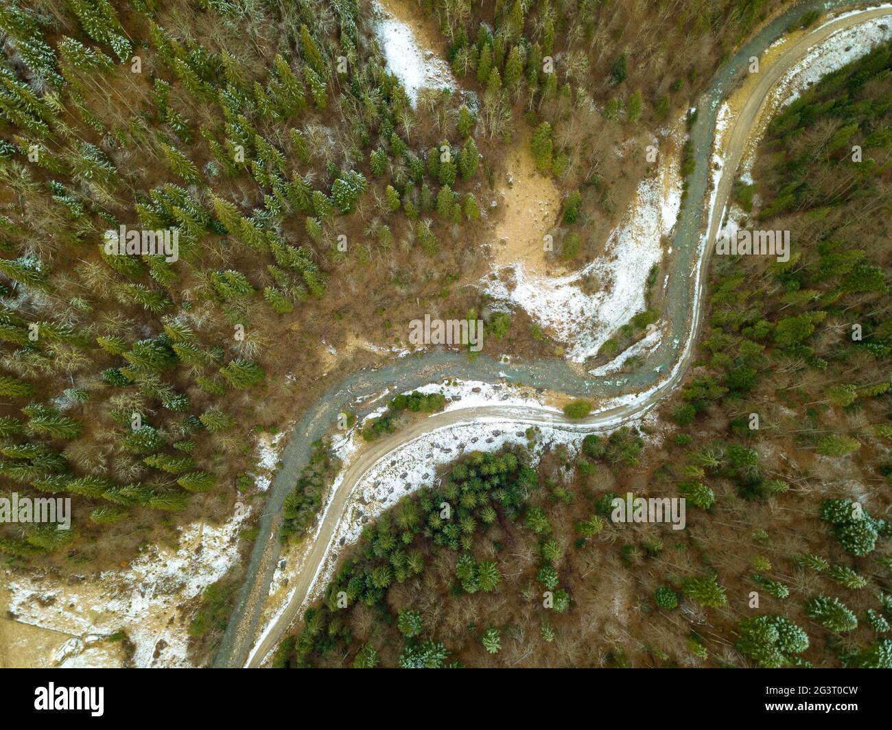 River and Snow in the Spruce Forest. Aerial View Stock Photo - Alamy