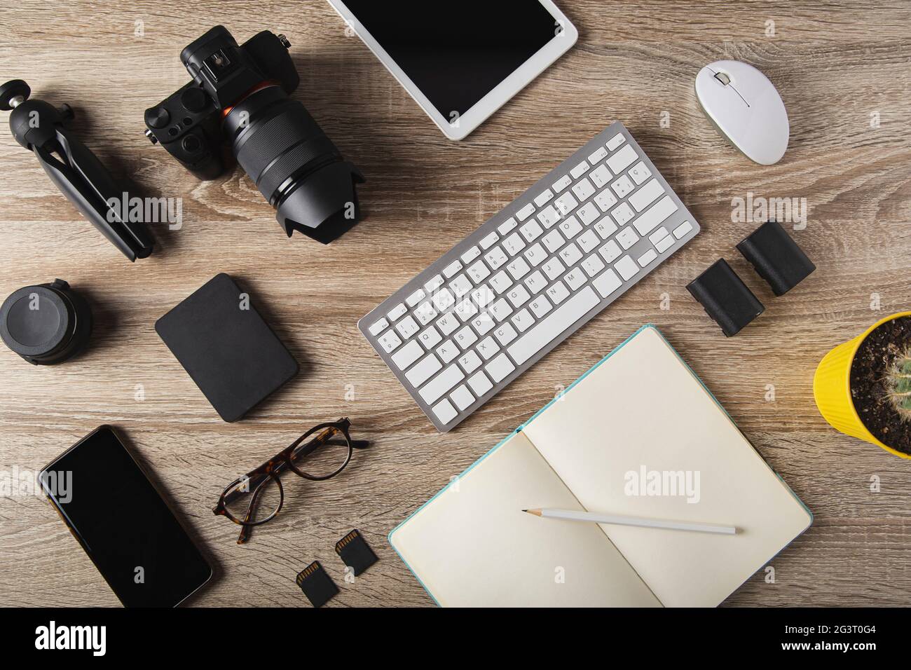 top view of photographer workstation, workspace concept with digital ...