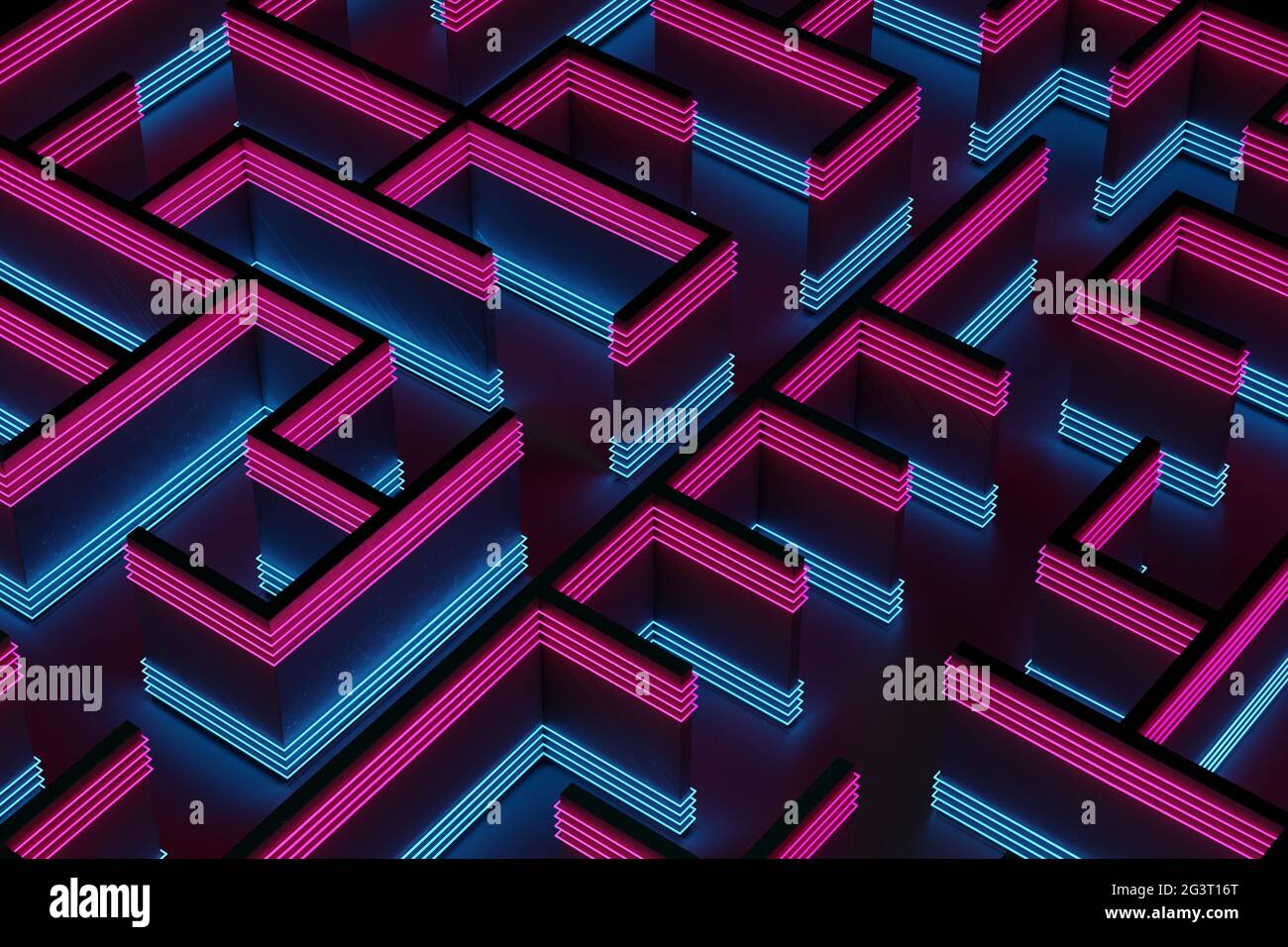 Neon colorful maze pattern in cyan and magenta. Elevated view. Abstract ...
