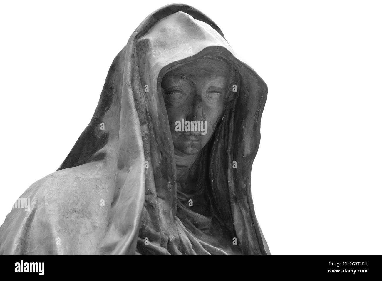 Face of statue of grieving woman isolated on white background. Plaster ...