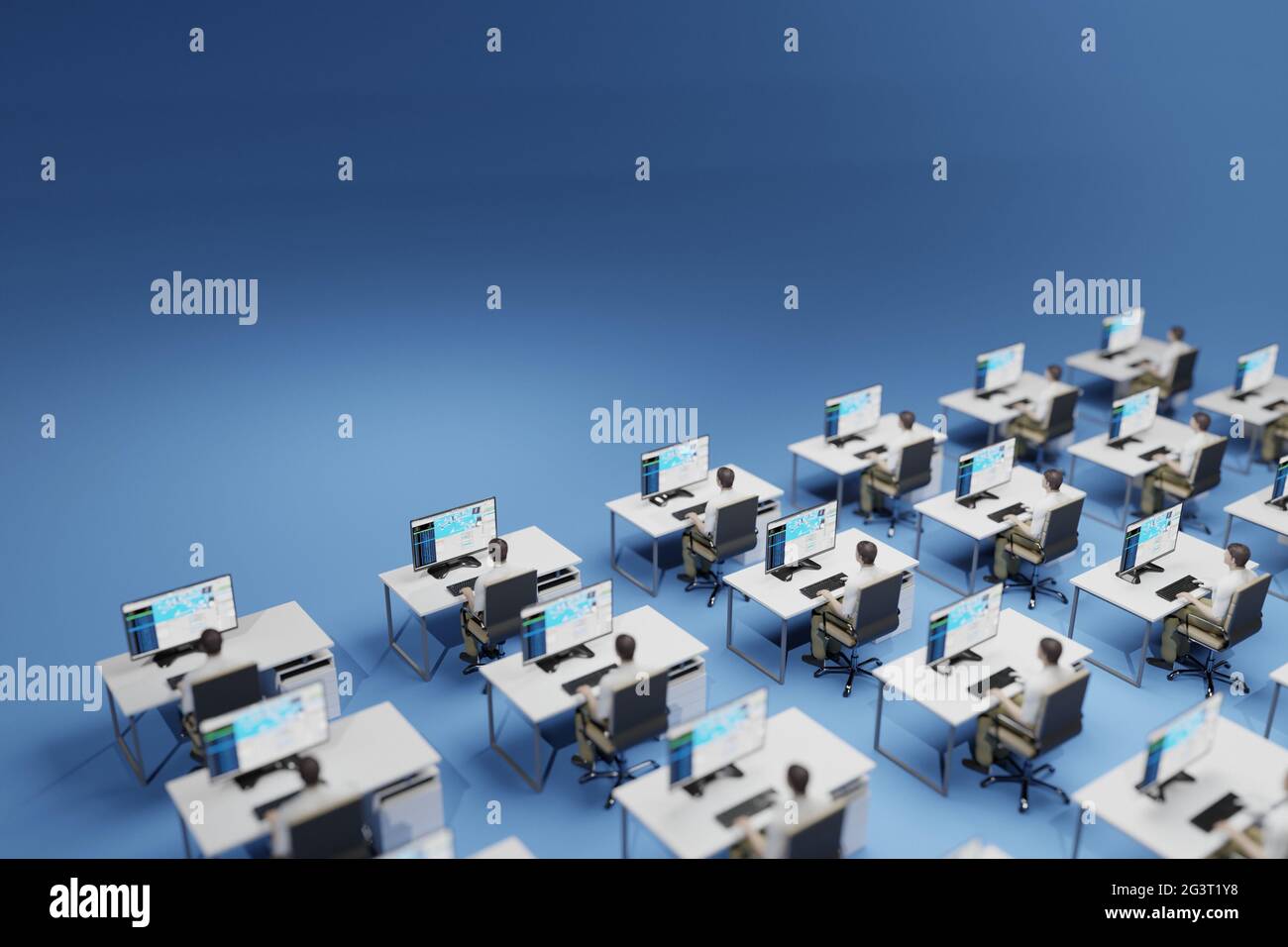 Office workers sitting at their identical desks. Rigid, bureaucratic ...