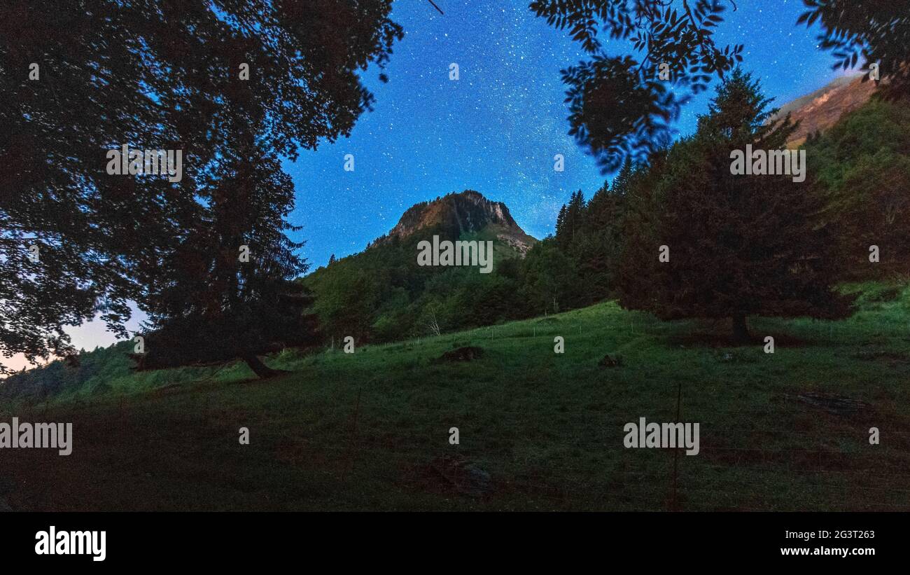 Starry night sky in french alps with meadow and mountain in the moon ...