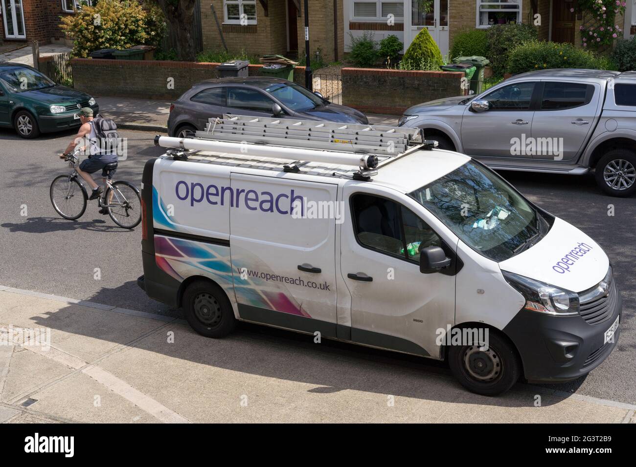 sky view of Openreach van with ladder on the roof, London street ...