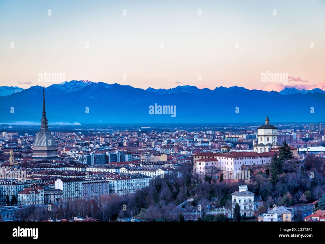 Turin panoramic skyline at sunset with Alps in background Stock Photo ...