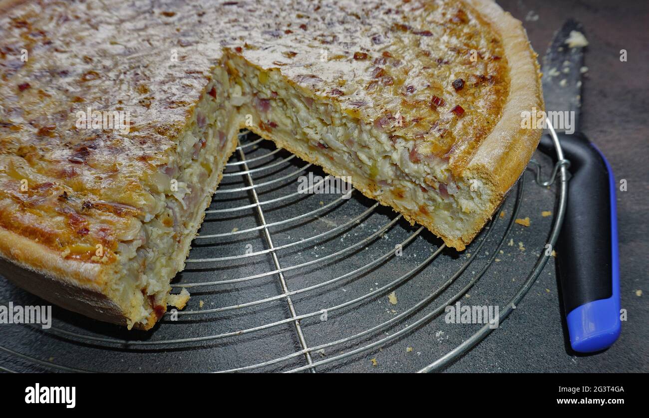 German onion cake with onion and bacon Stock Photo - Alamy