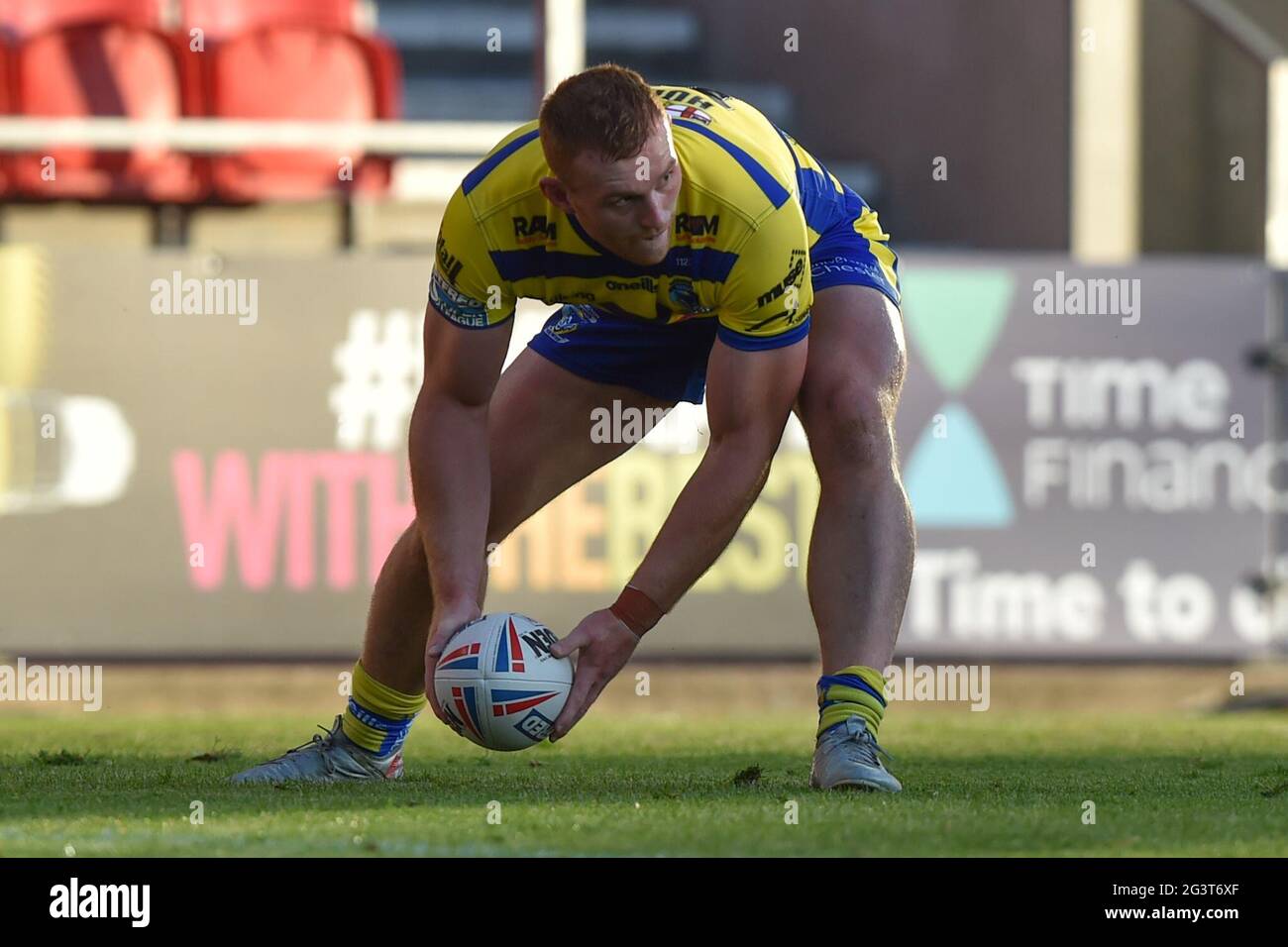 St Helens, UK. 17th June, 2021. Jack Hughes (12) of Warrington Wolves ...