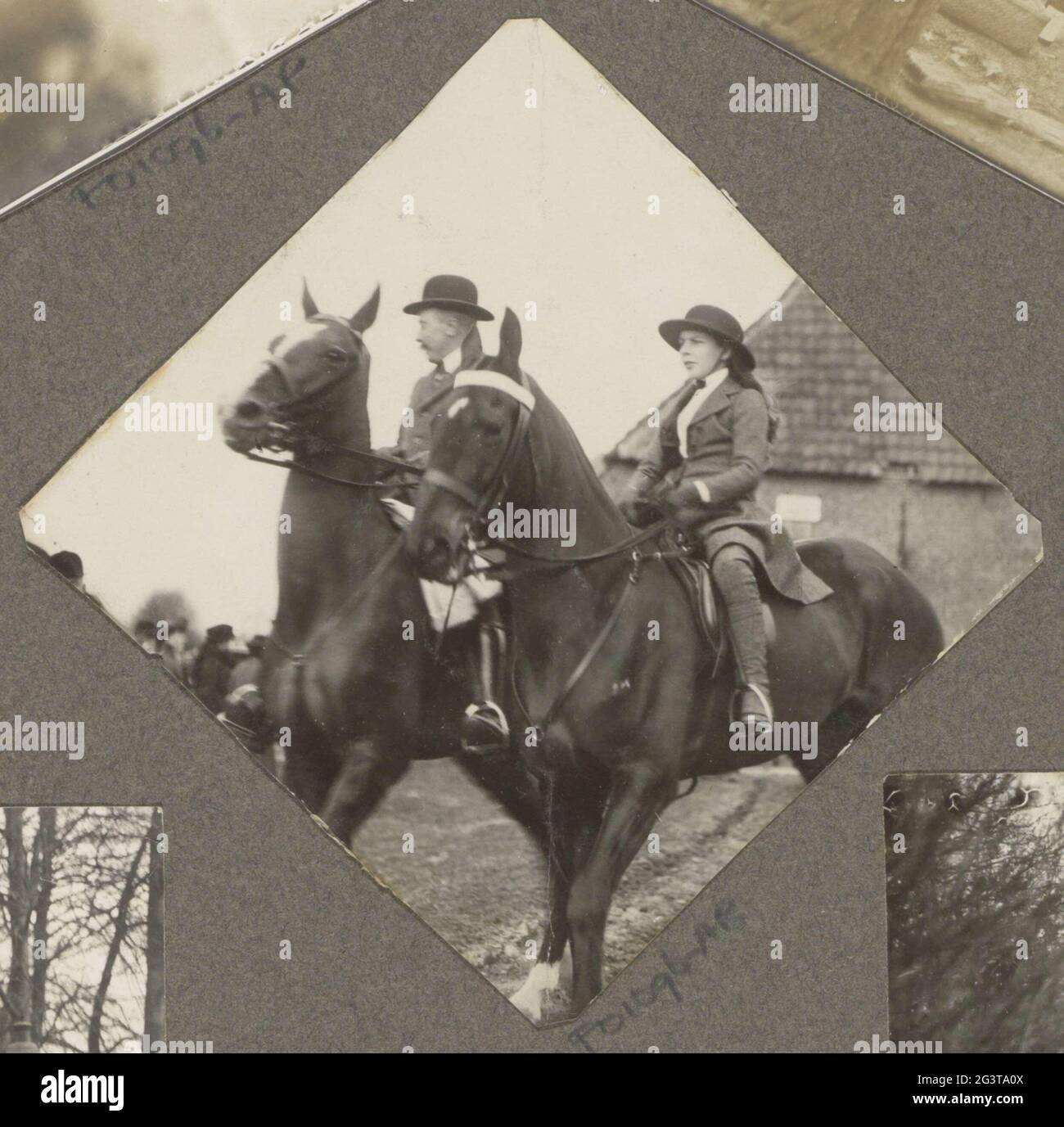 Equestrian scene on royal wood fortress Het Loo: man and girl on ...
