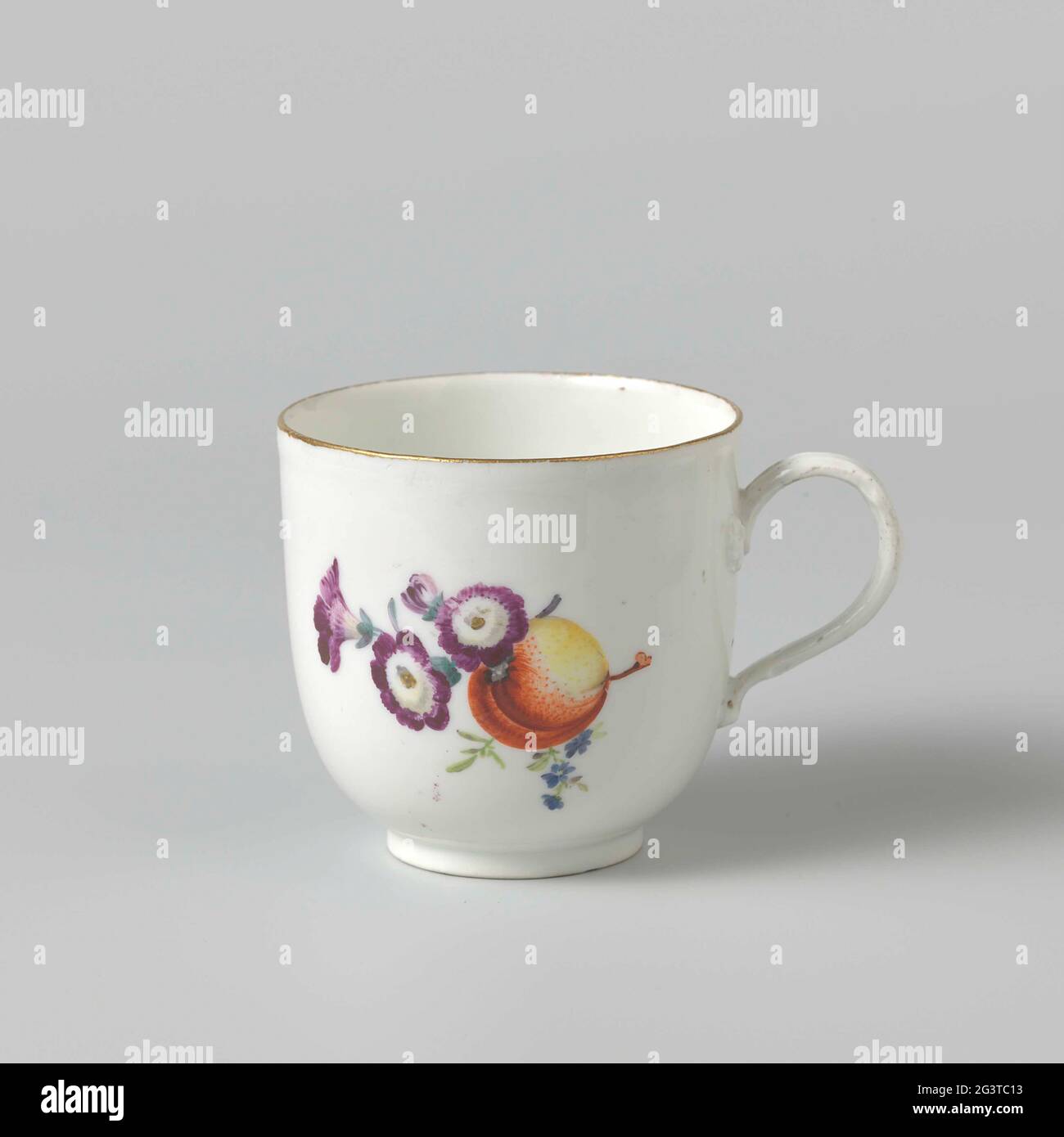 Cup, painted multily with flowers and fruits. Half-ball-shaped head of ...