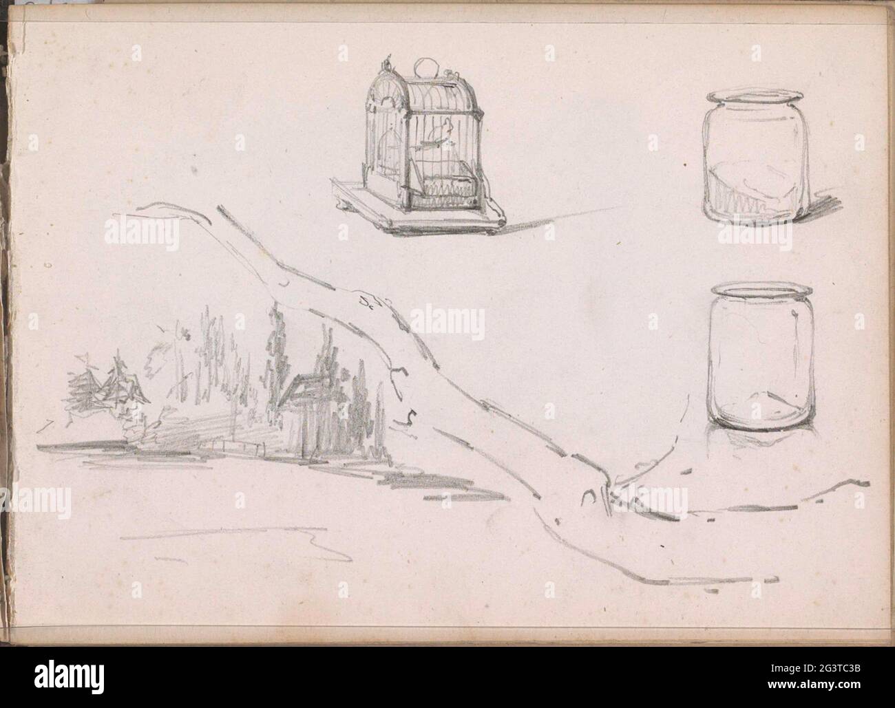 Landscape, tree branch, glass jars and a bird cage. Leaf 9 Recto from a ...