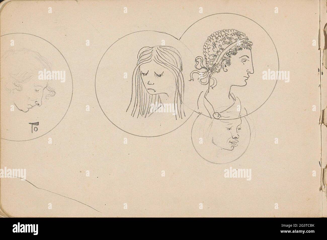 Four women's heads in partially overlapping circles. Leaf 27 Verso from ...