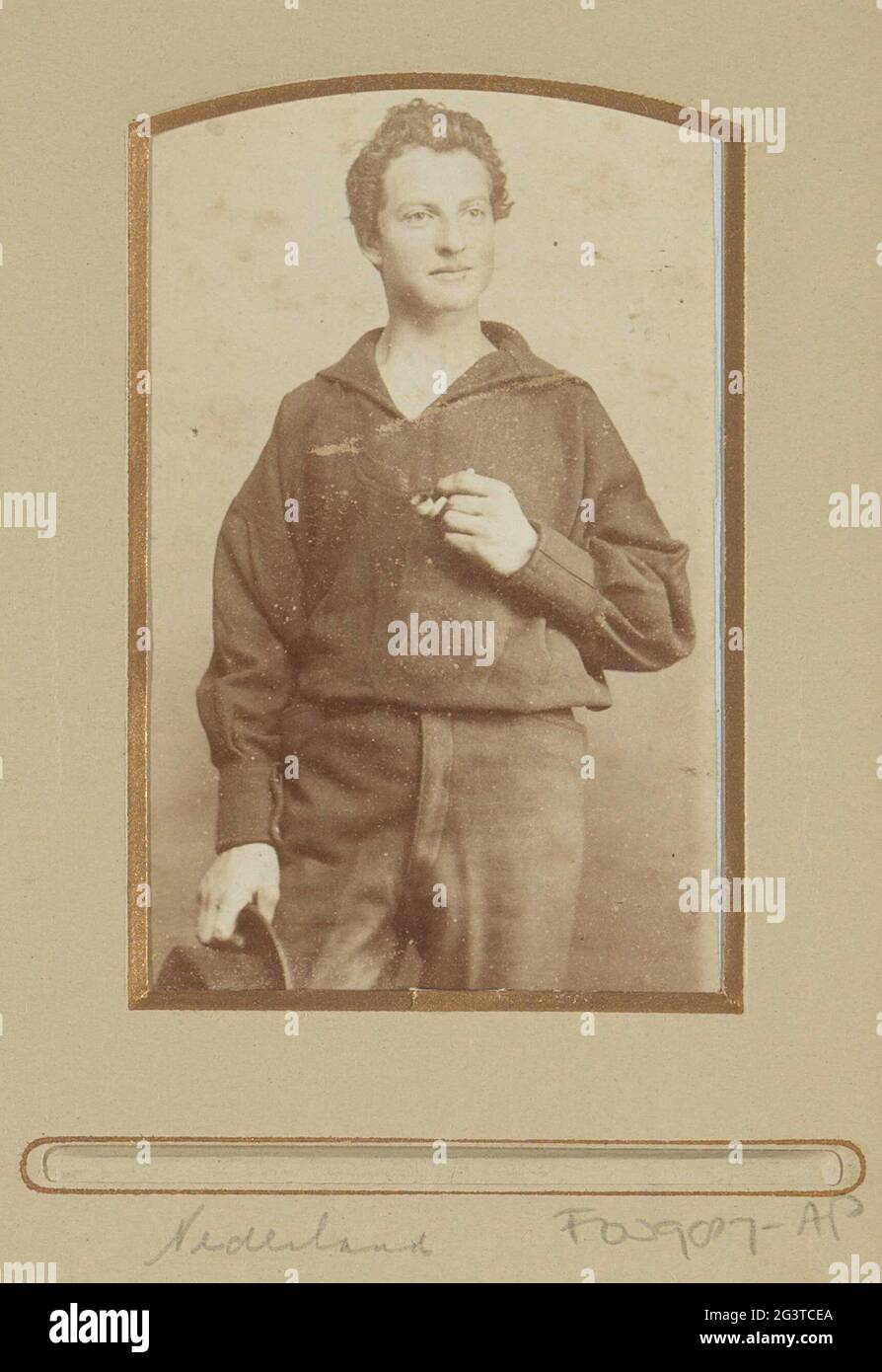 Portrait of a (presumably) english sailor, standing with hat and pipe ...