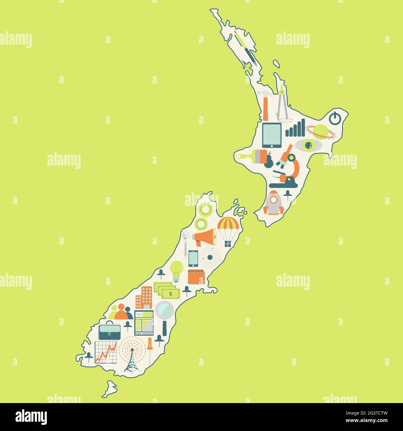 Contour map of New zealand with icons of technology, business, science ...